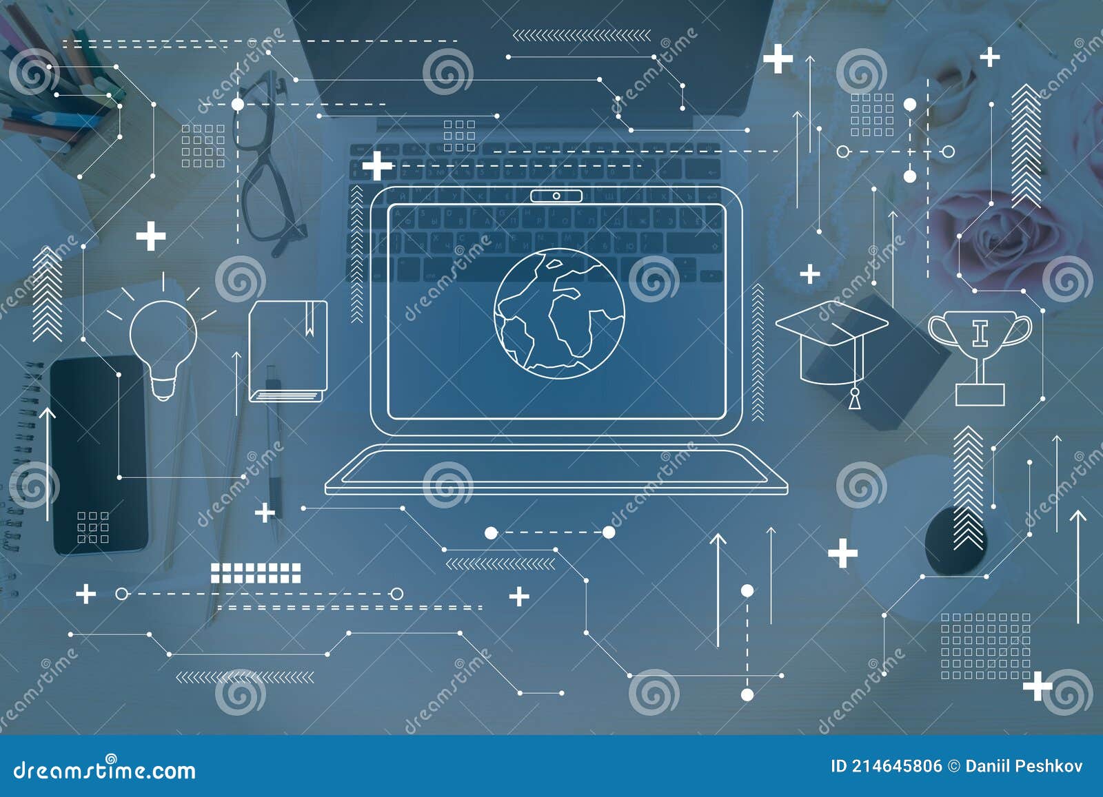 White Computer Icon, Blue Background, Cup, Head, Book, Lightbulb Signs ...