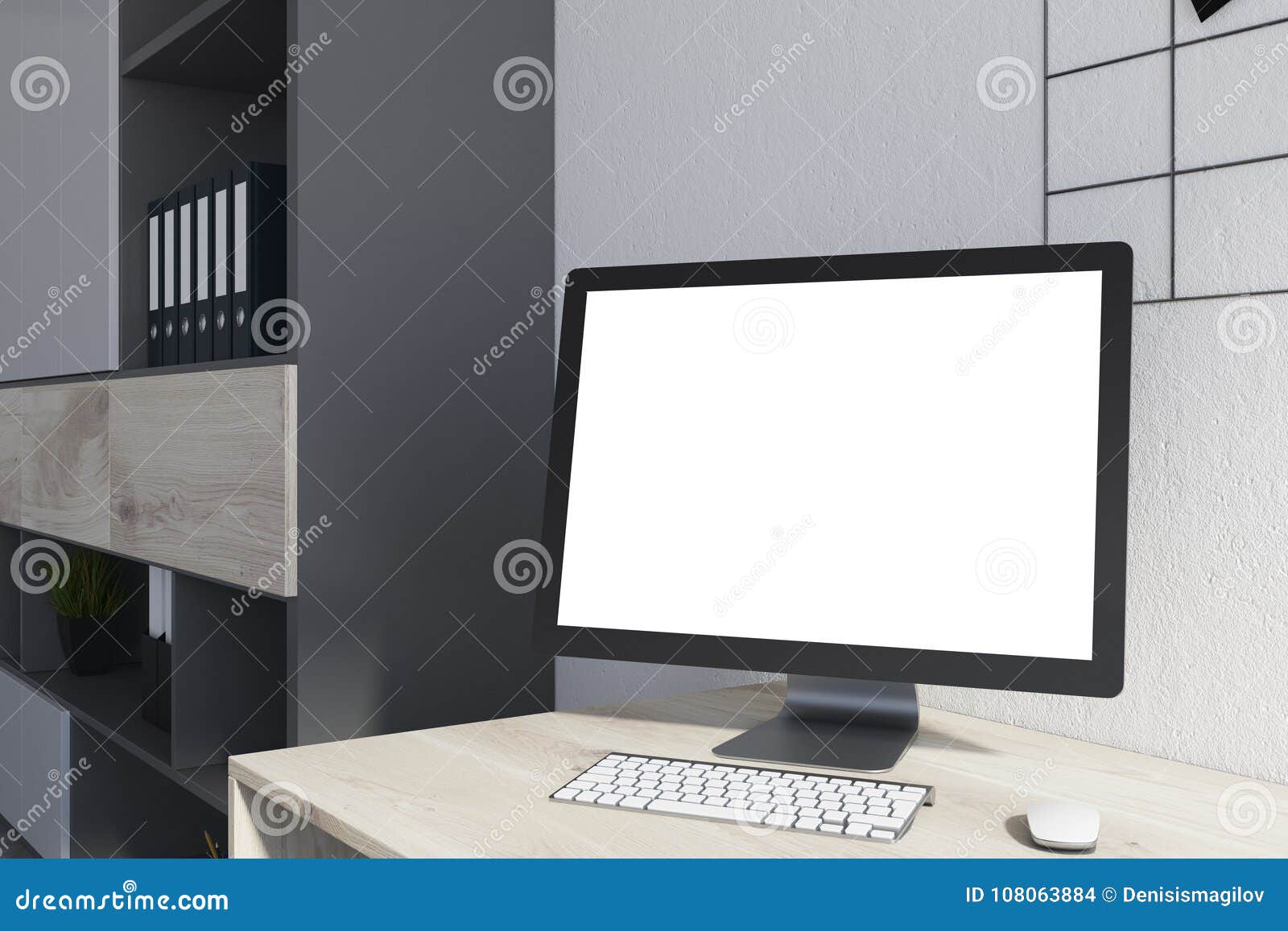 White Computer Screen on a Wooden Office Table Stock Illustration ...
