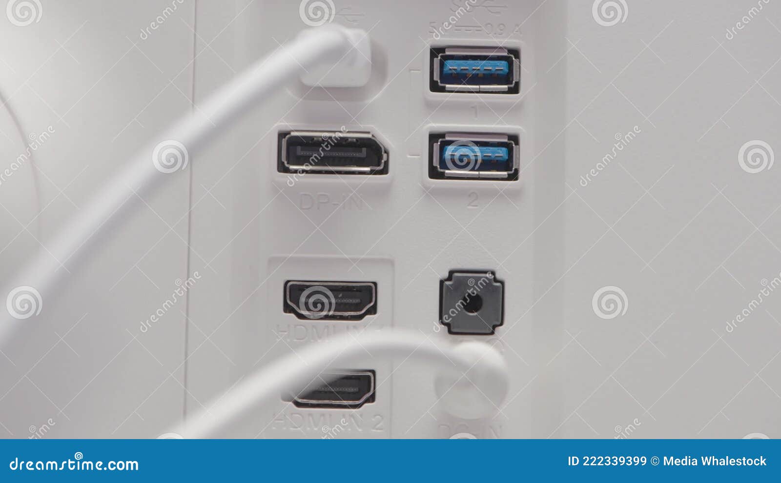 White Computer with USB Inputs. Action. Cables Connected To Some Inputs ...