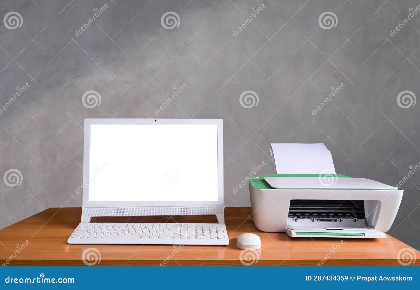 White Computer with Wireless Keyboard and Printer on Wooden Desk with ...