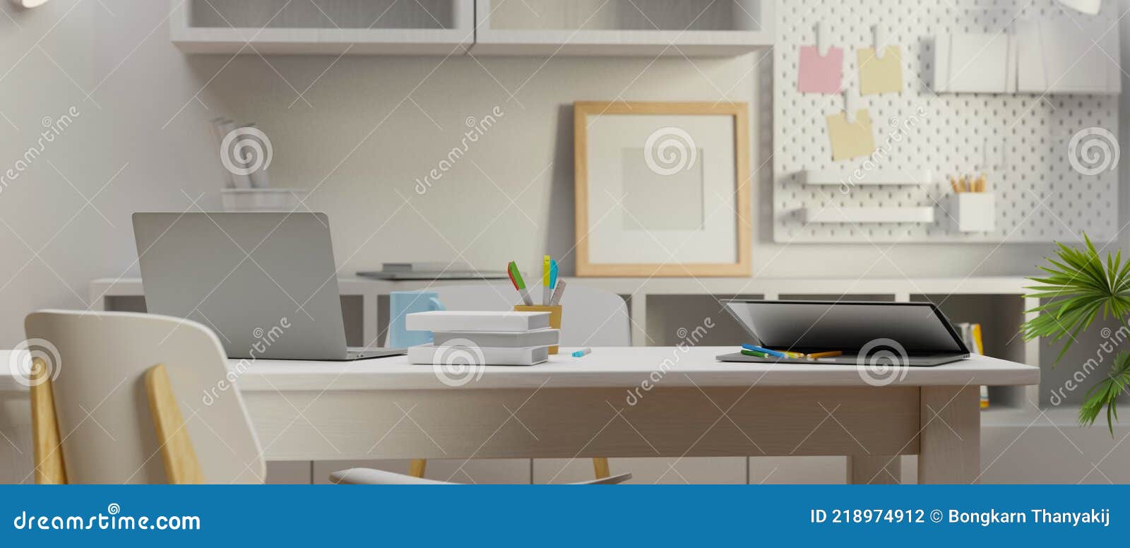 White Concept Study Room Interior Design with Study Table, Books ...