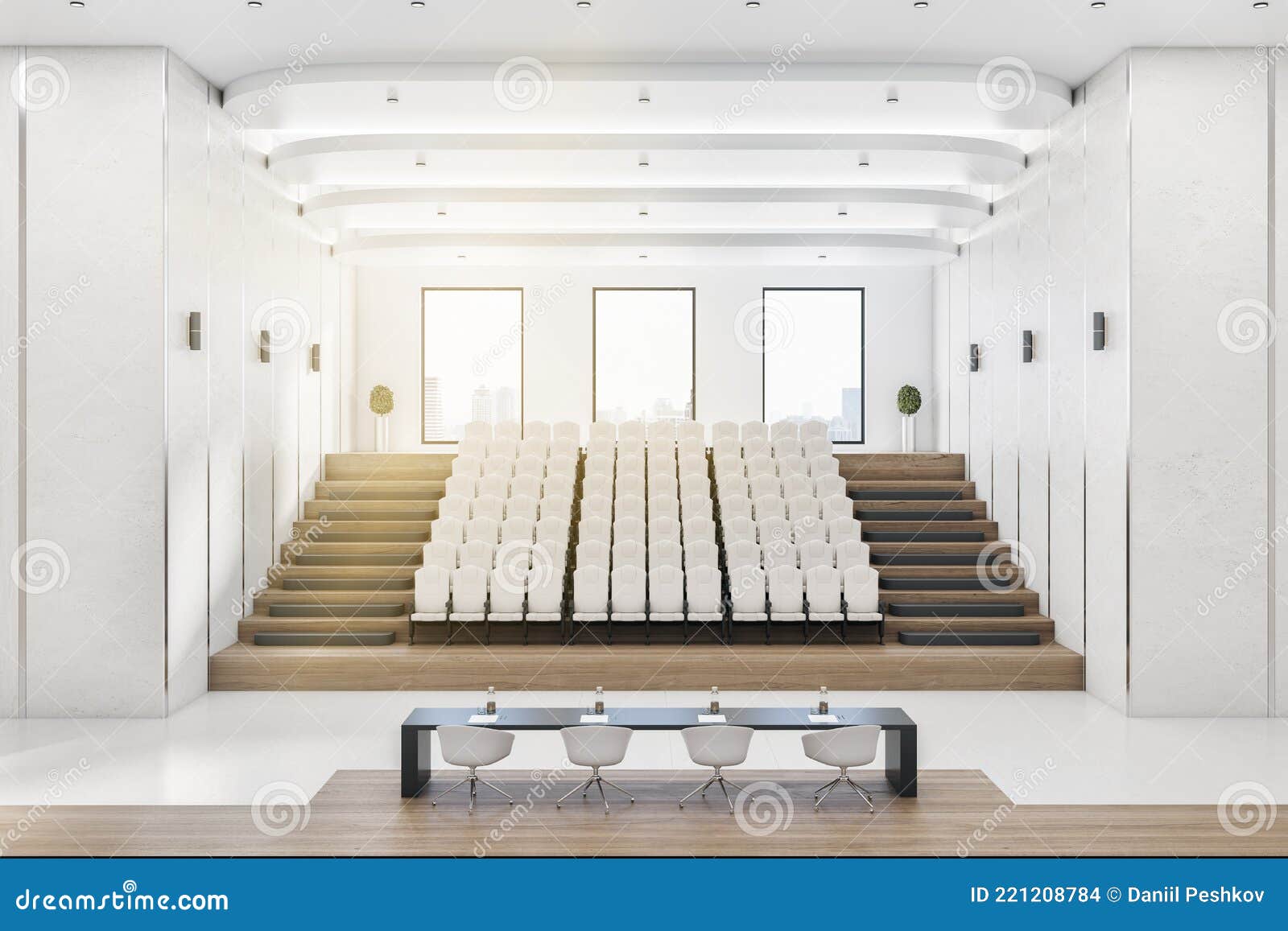 White Concrete Auditorium Interior with Seatings, City View and ...