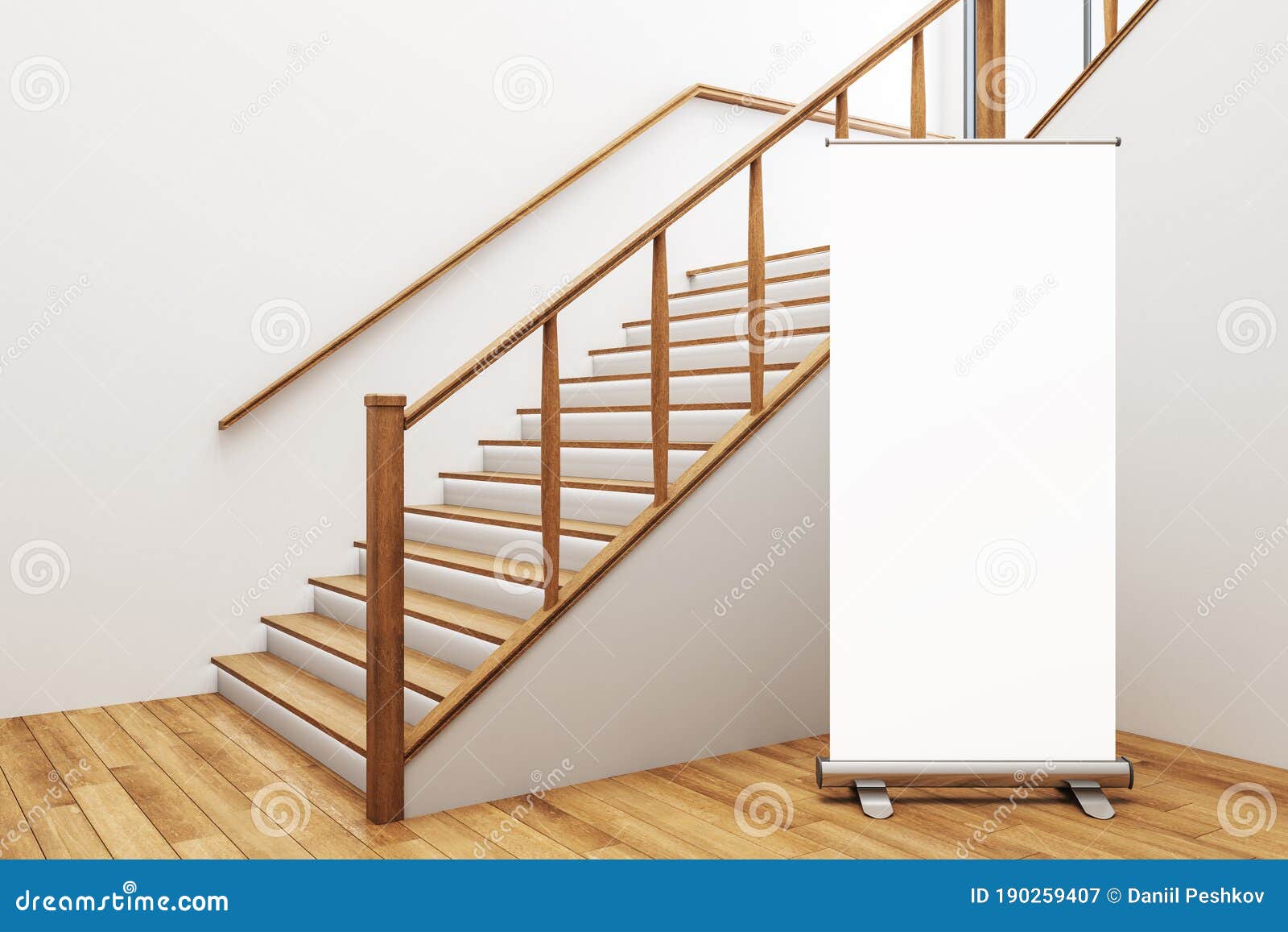 White Concrete Hall Interior with Stairs and Vertical Banner Stock ...