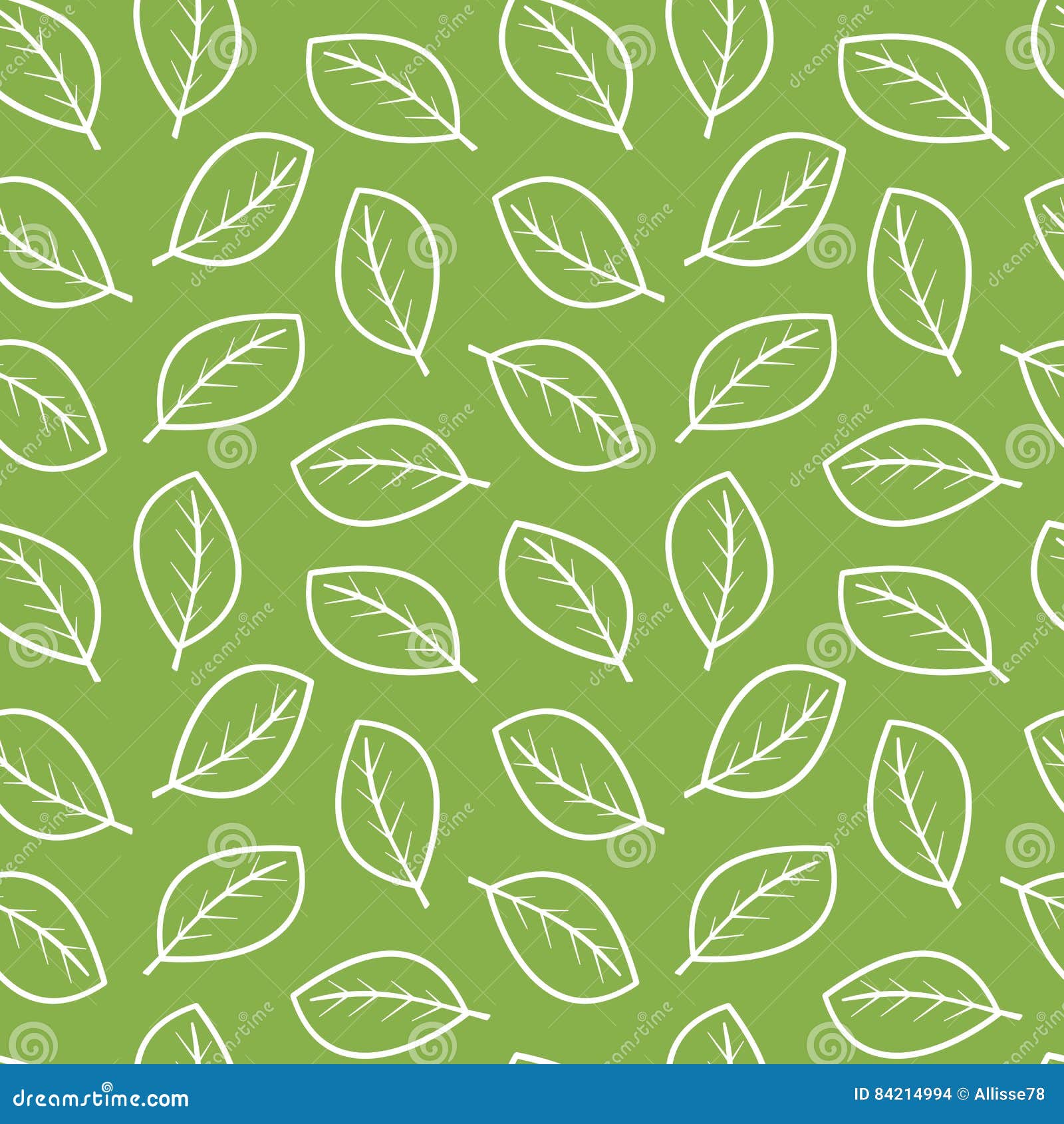 White Contour Leaves on Green Background Seamless Pattern Illustration ...