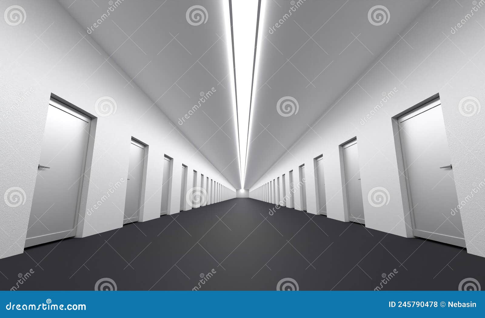 White Corridor with Many Doors. 3D Render Stock Illustration ...