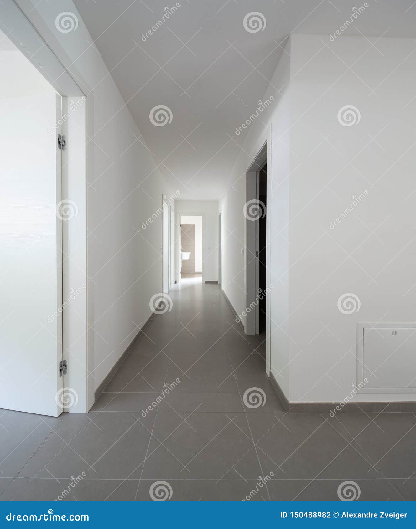 White Corridor with Many Open Doors Stock Photo - Image of design, door ...