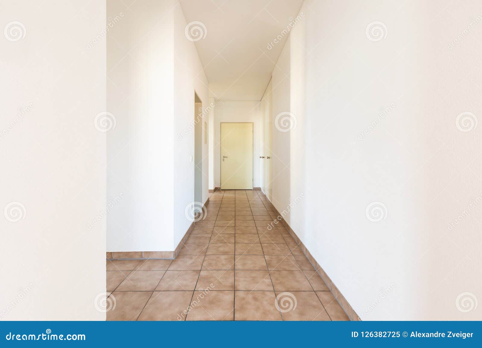 White Corridor with Tiles and Closed Doors Stock Image - Image of copy ...