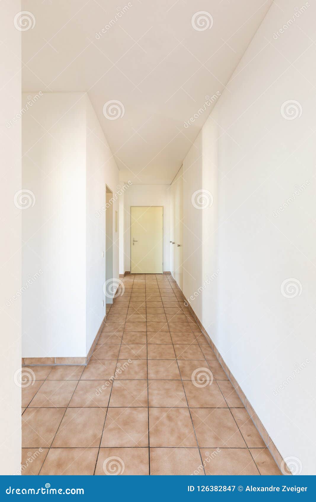 White Corridor with Tiles and Closed Doors Stock Image - Image of space ...