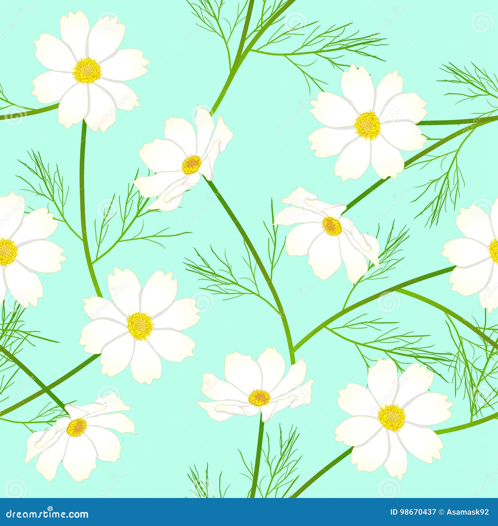 White Cosmos Flower on Green Mint Background. Vector Illustration Stock ...