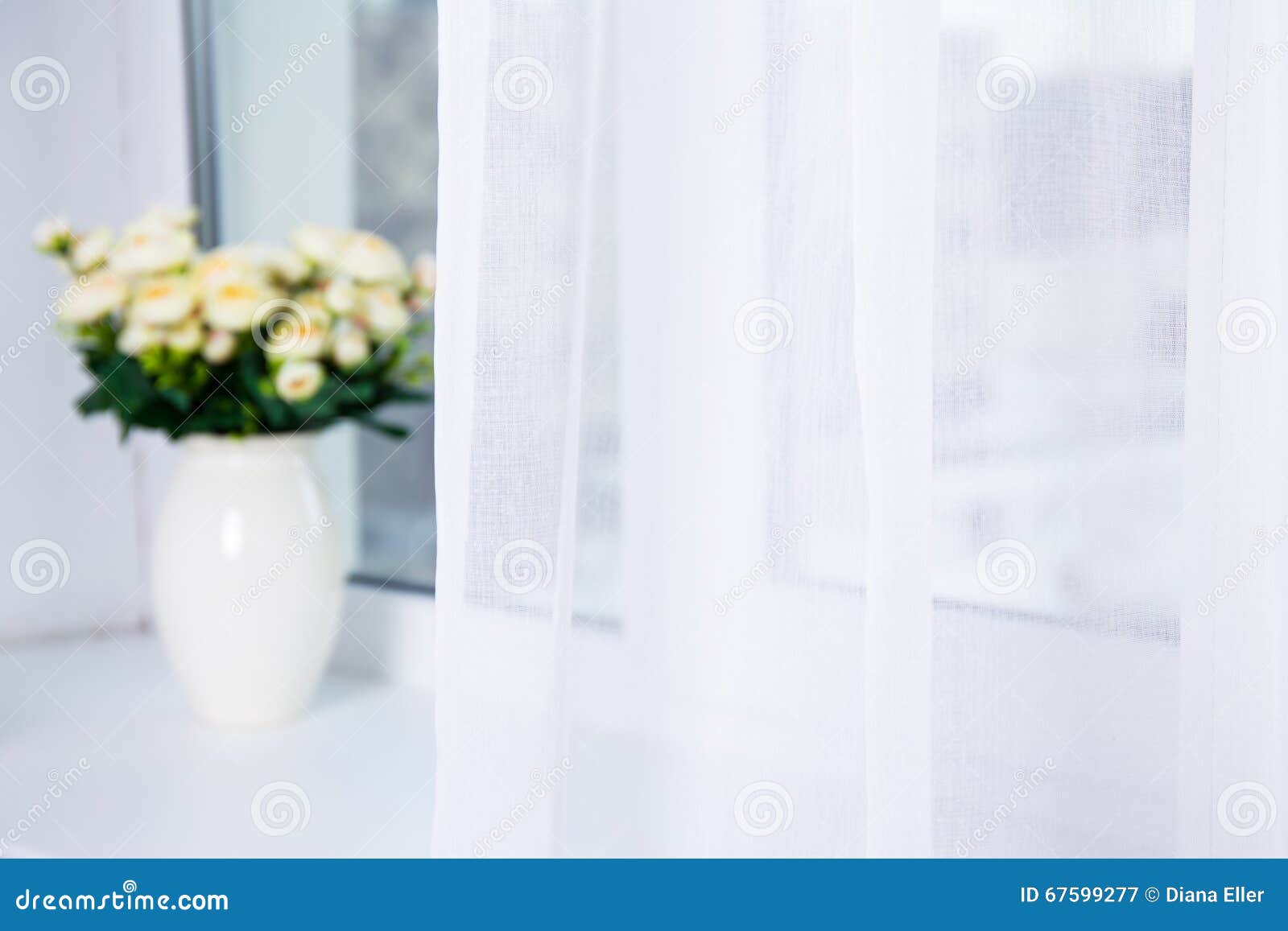 White Cotton Curtain and Flowers on the Window Stock Image - Image of ...