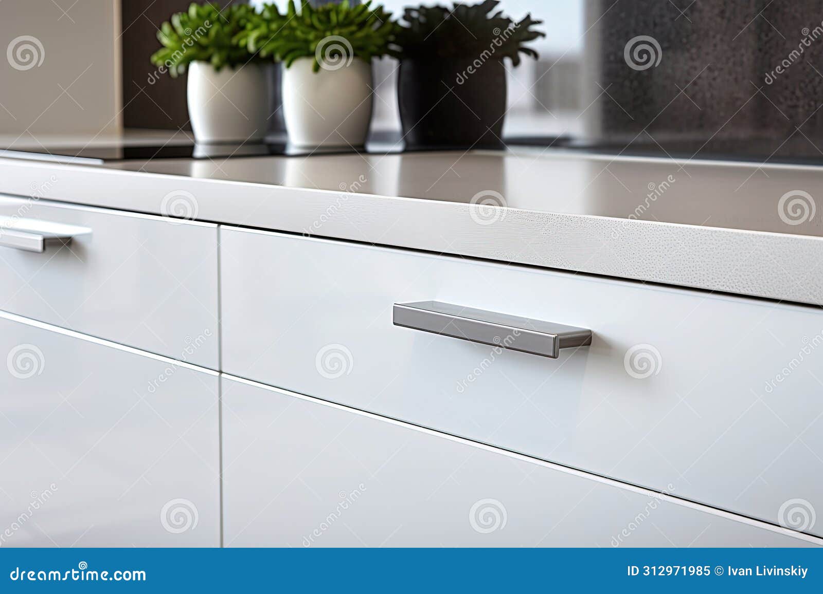 White Counter with Handles in Modern Kitchen, Closeup Stock ...