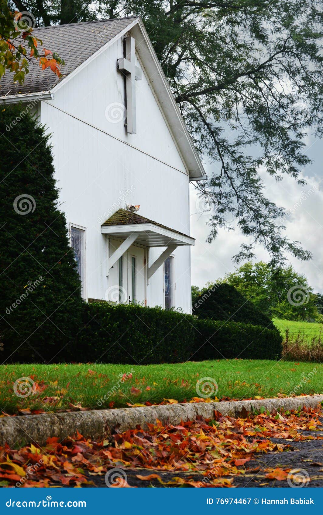 White Country Church, Fall Leaves Stock Image - Image of fall, white ...