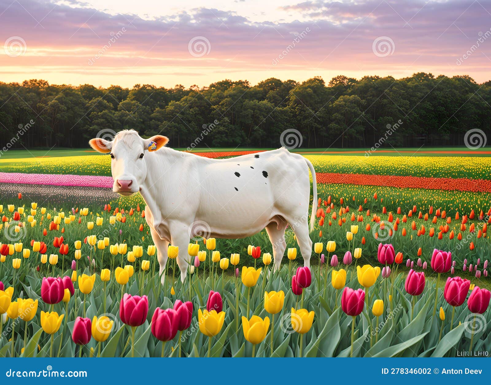 White Cow in Tulip Field. Beautiful Spring. Generative AI. Stock Photo ...