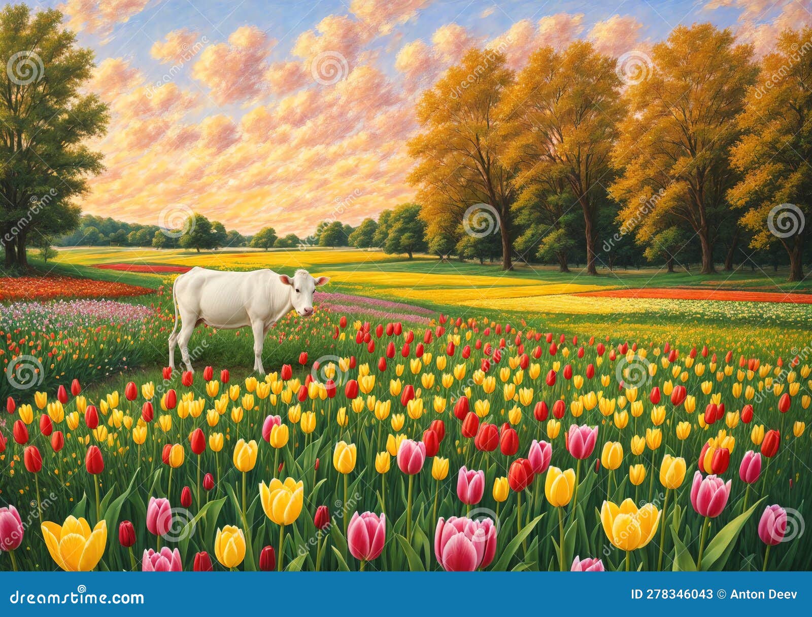 White Cow in Tulip Field. Beautiful Spring. Generative AI. Stock Image ...