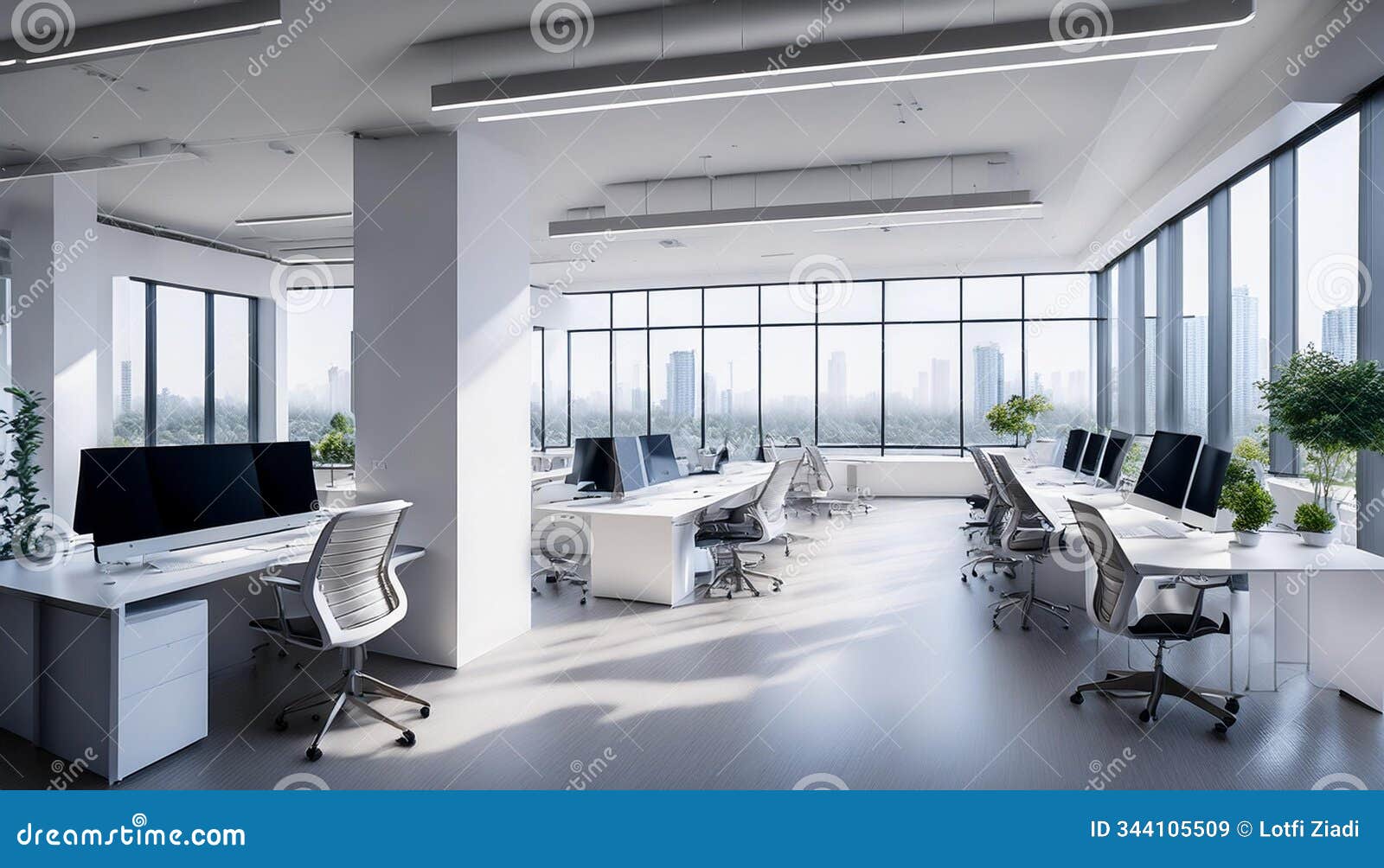 White Coworking Interior with Tables and Pc Monitors, Panoramic Window ...