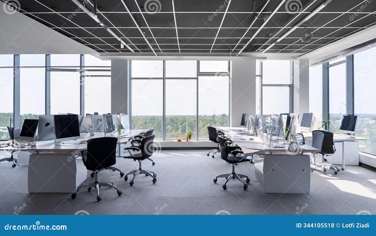 White Coworking Interior with Tables and Pc Monitors, Panoramic Window ...