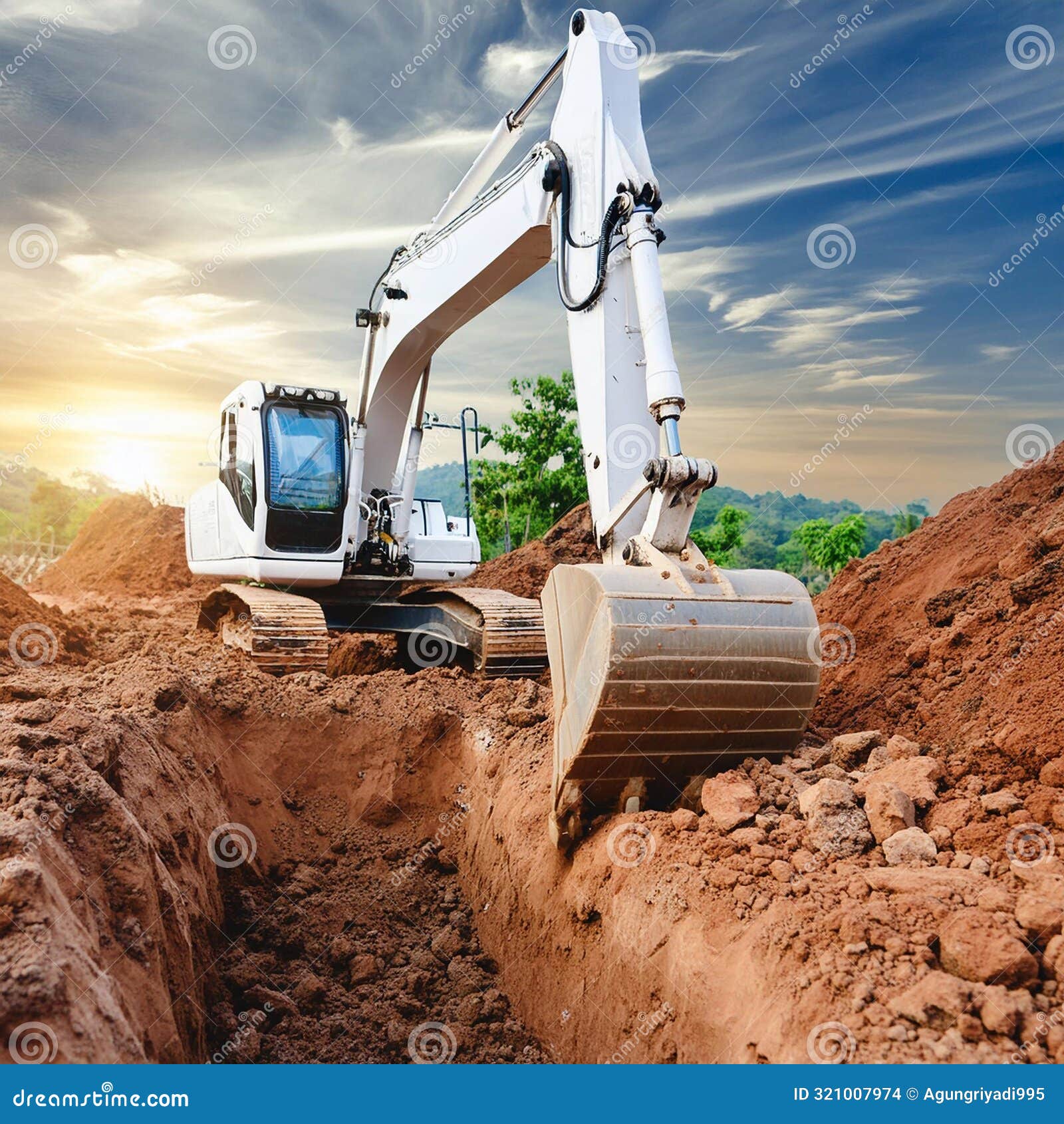 White Crawler Excavator Digging Soil with Blue Sky Background. Stock ...