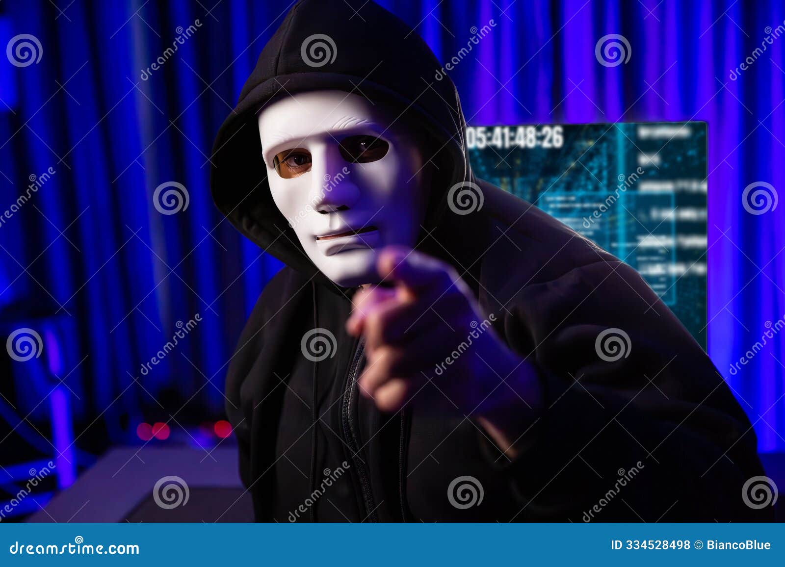 White Criminal Anonymous Mask Pointing To Camera As Hack Programmer ...