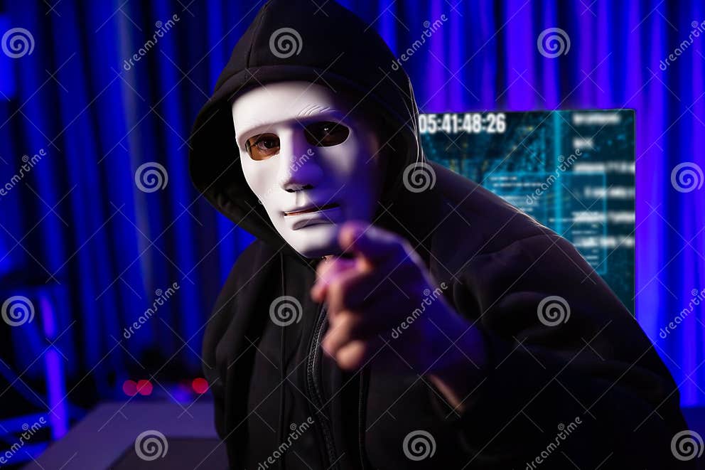 White Criminal Anonymous Mask Pointing To Camera As Hack Programmer ...