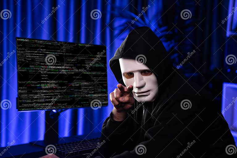 White Criminal Anonymous Mask Pointing To Camera, Provoke As Hacker ...