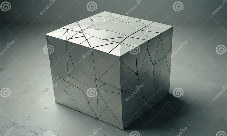 White Cube with Black Lines and Triangular Top Sits on Gray Floor, Casting Shadow To the Right ...