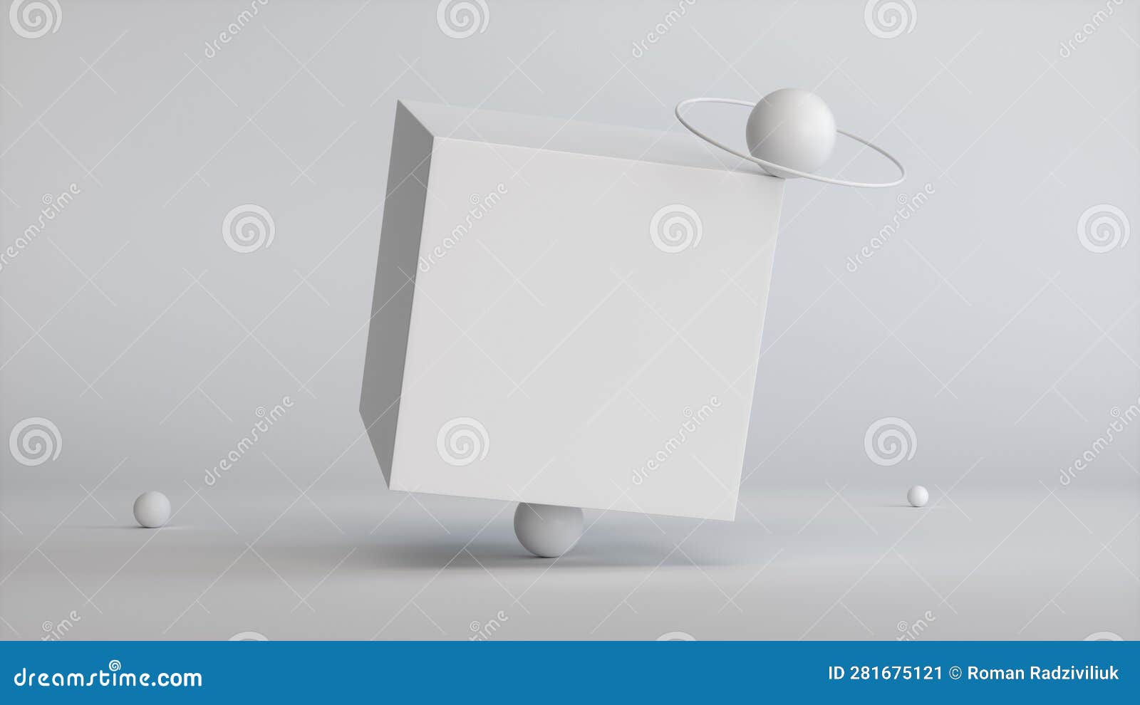 A White Cube with Spheres on a Gray Studio Background. Abstract ...