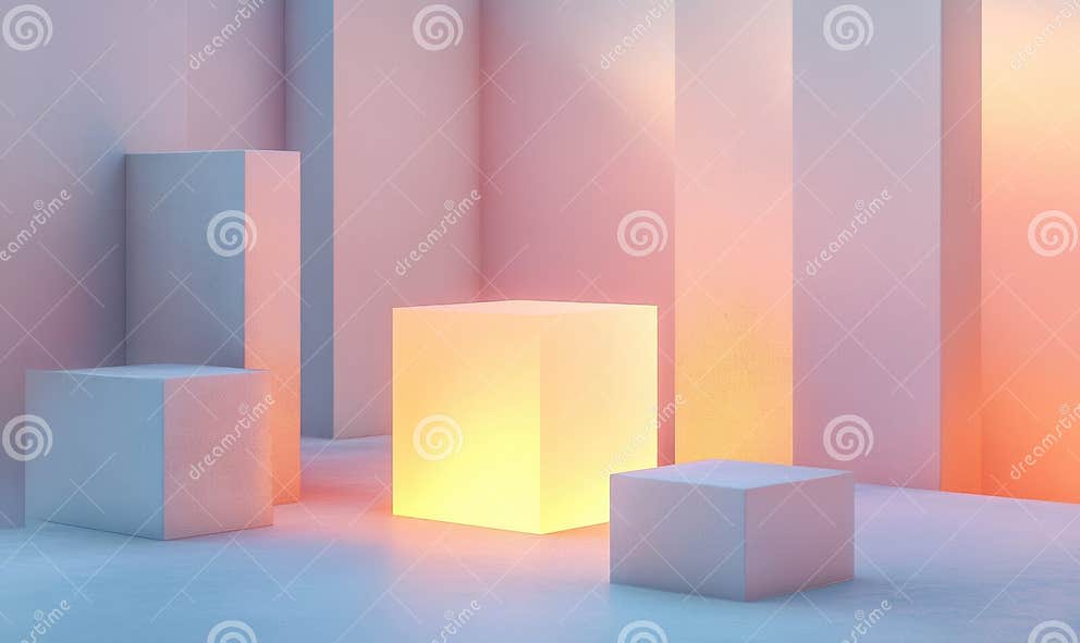 A White Cube with a Yellow Light is in the Middle of a Room with White ...