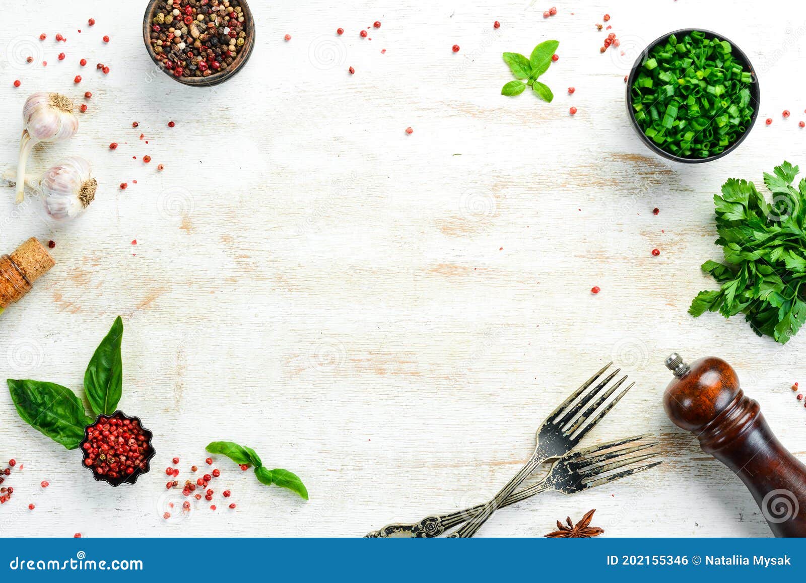 White Culinary Background with Spices and Herbs on the Table. Top View ...