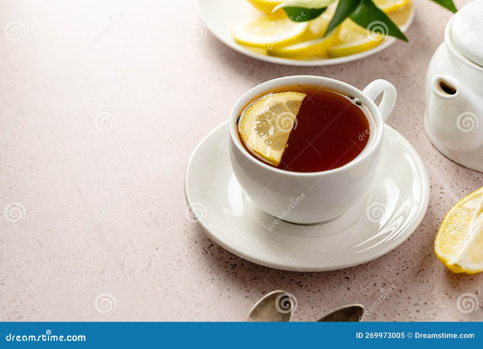 White Cup of Black Tea and Lemon Slice. Drinking Tea, Copy Space. Stock ...