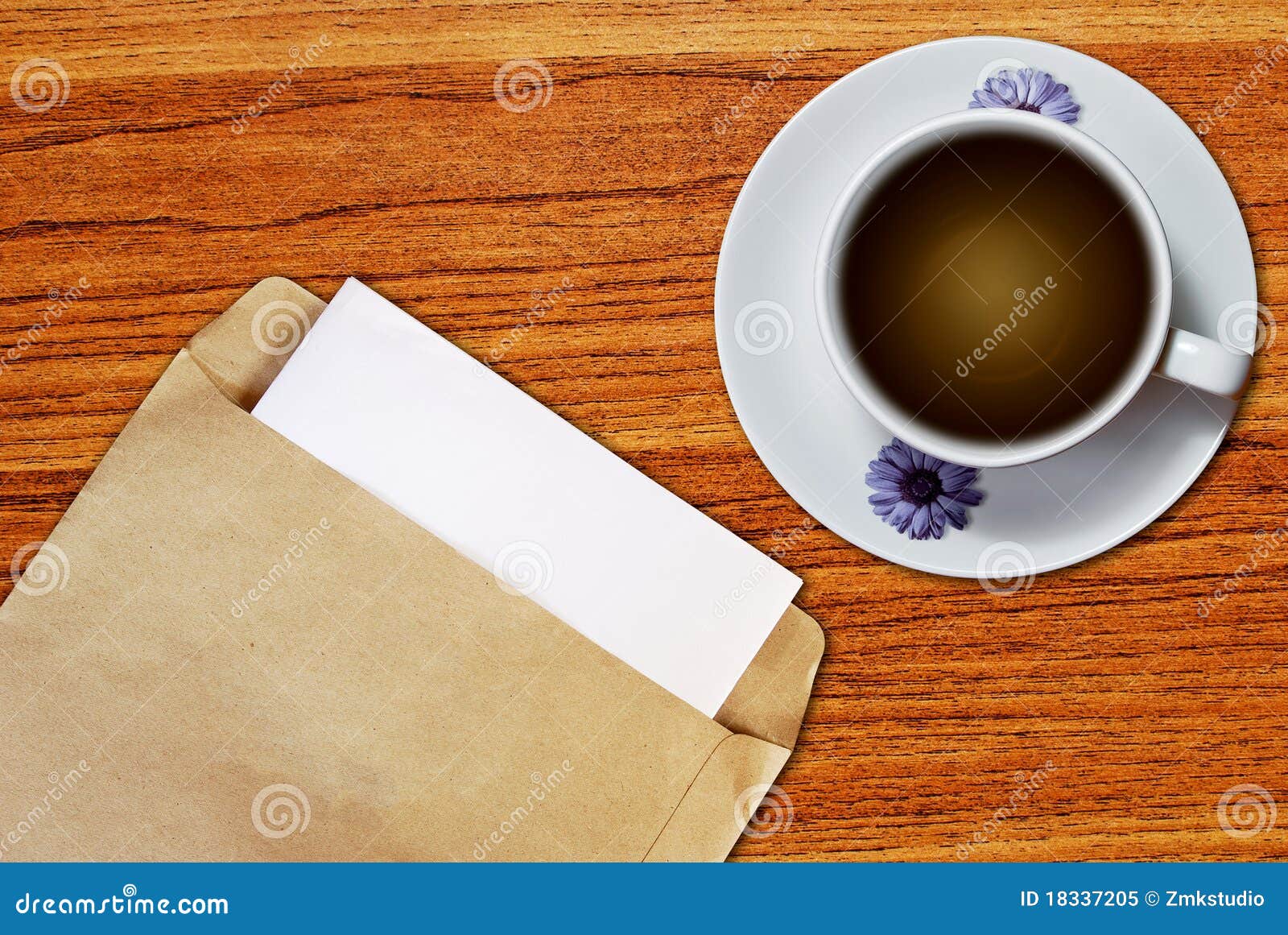 White Cup Of Coffee And Brown Envelope Stock Image - Image of message ...