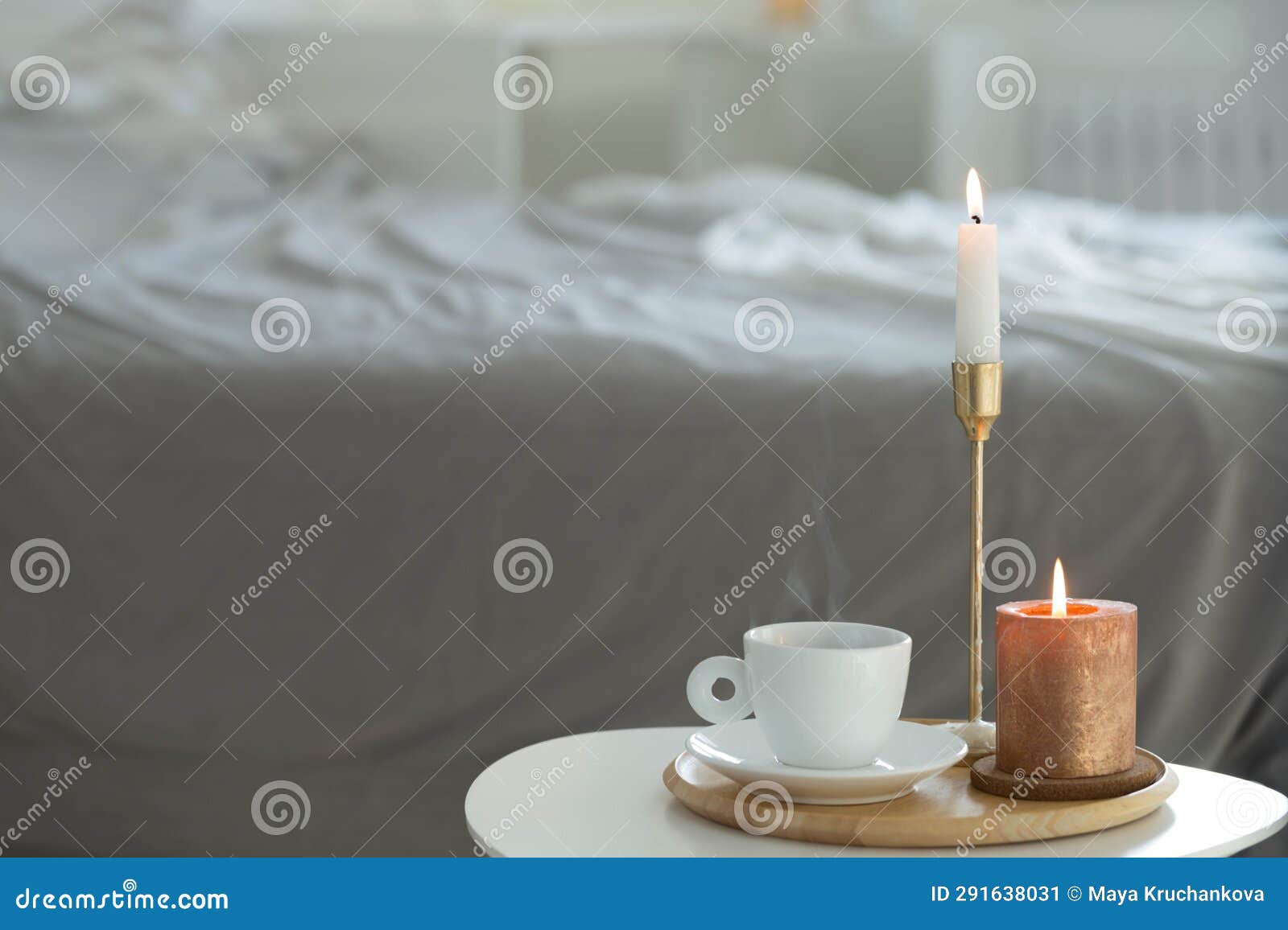 White Cup of Coffee with Candles on Table Indoor Stock Image - Image of ...