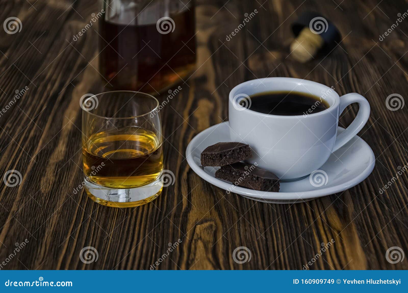 White Cup of Coffee and Cognac in a Glass Stock Image - Image of wood ...