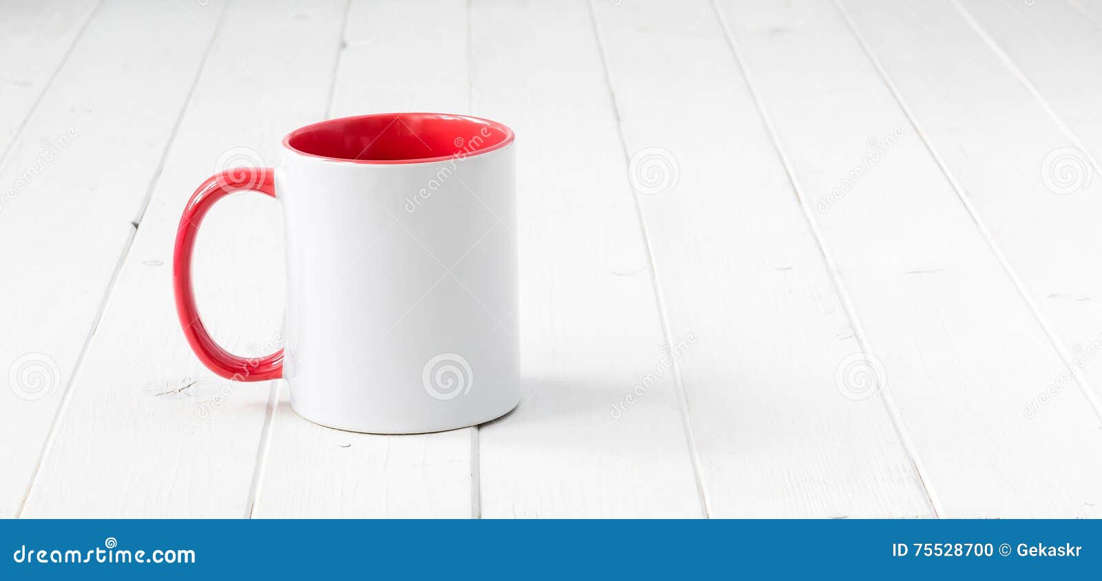 White Cup with Red Handle and Inside on Table Stock Photo - Image of ...