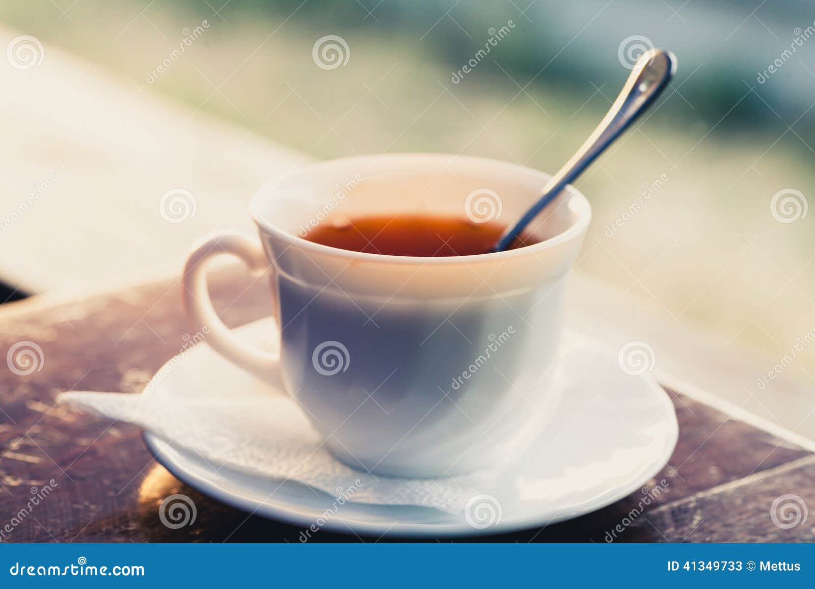 White Cup of Tea on a Edge of Wooden Table Stock Image - Image of ...