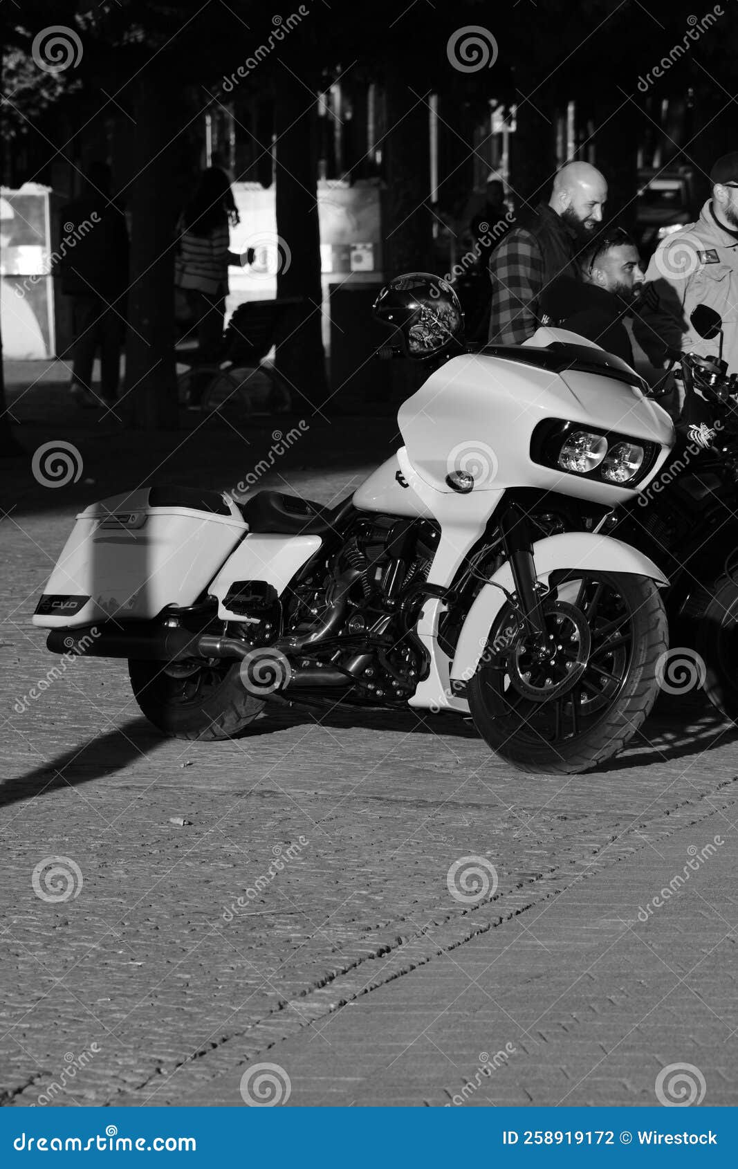 A Vertical Grayscale of Three Male Standing by a White Chopper ...