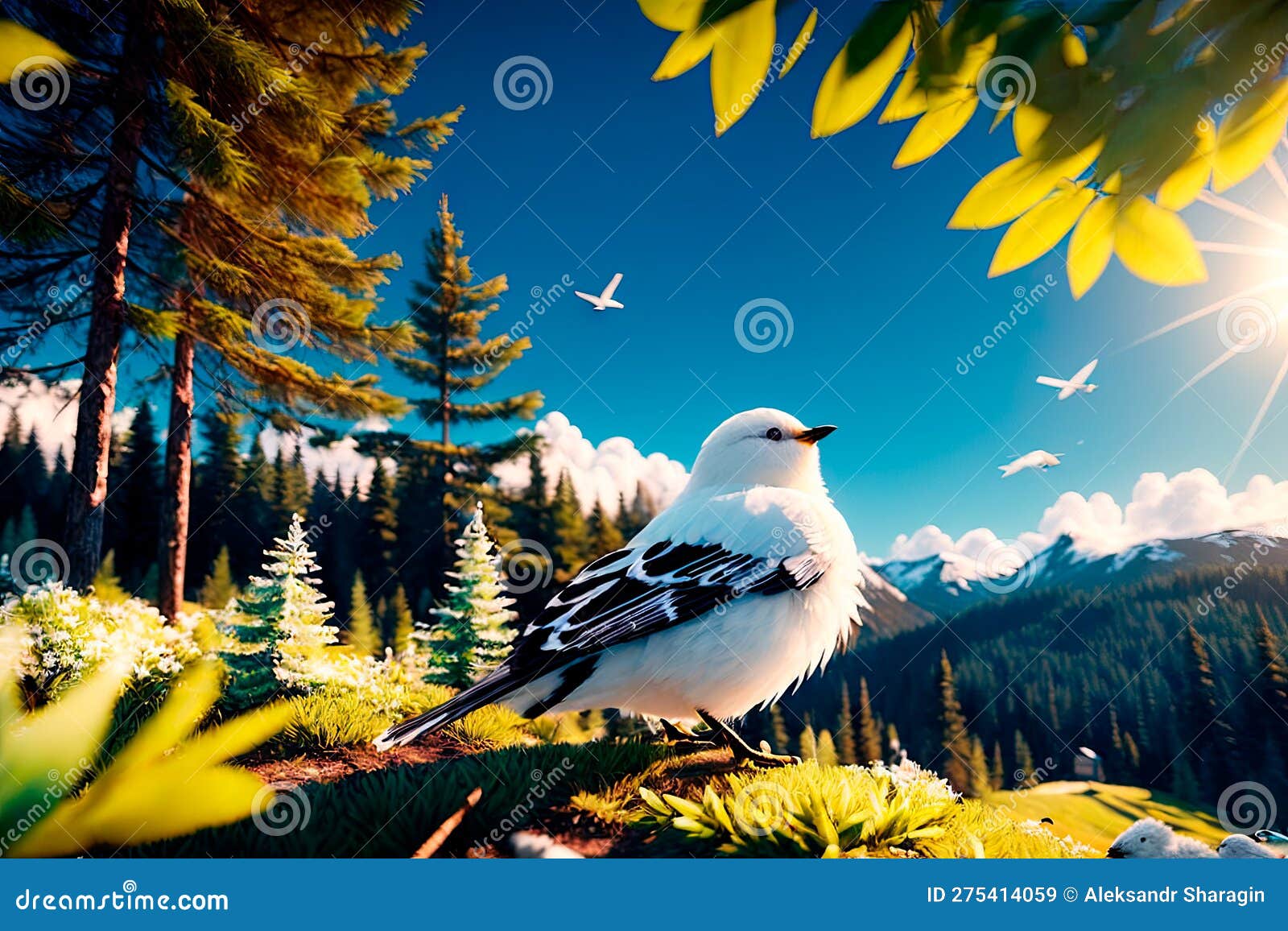 White Cute Bird in Forest. Digital Painting Art Stock Illustration ...