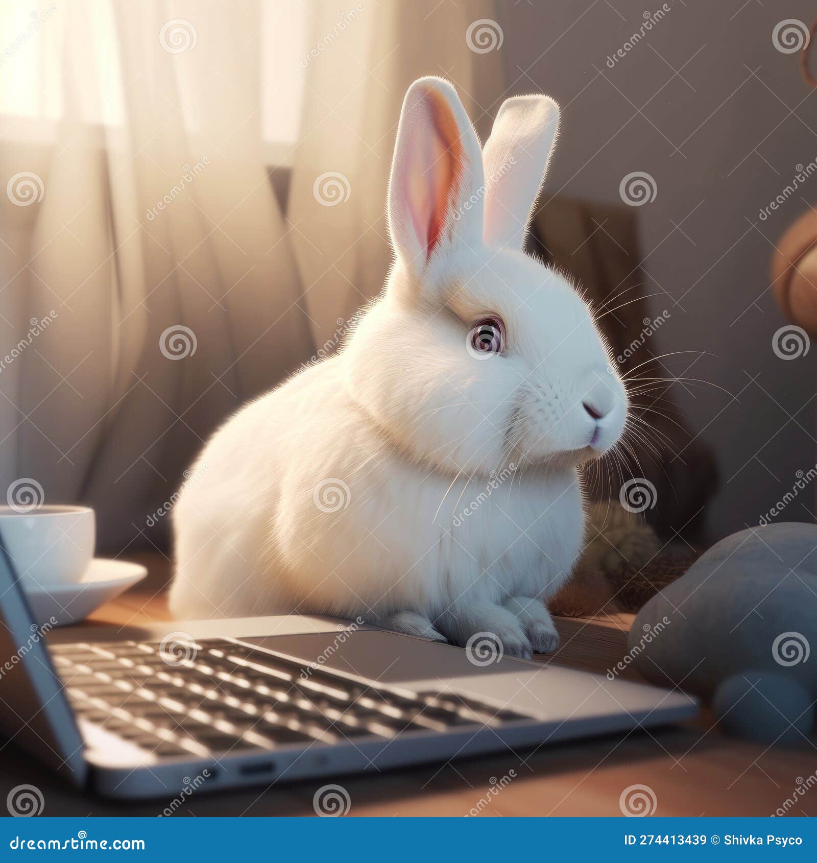 White Cute Eastern Rabbit Using a Laptop Generative AI Stock ...