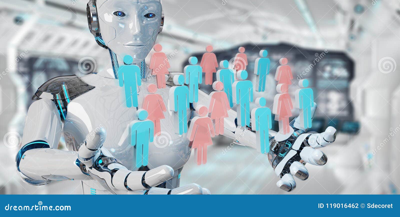 White Cyborg Controlling Group of People 3D Rendering Stock ...