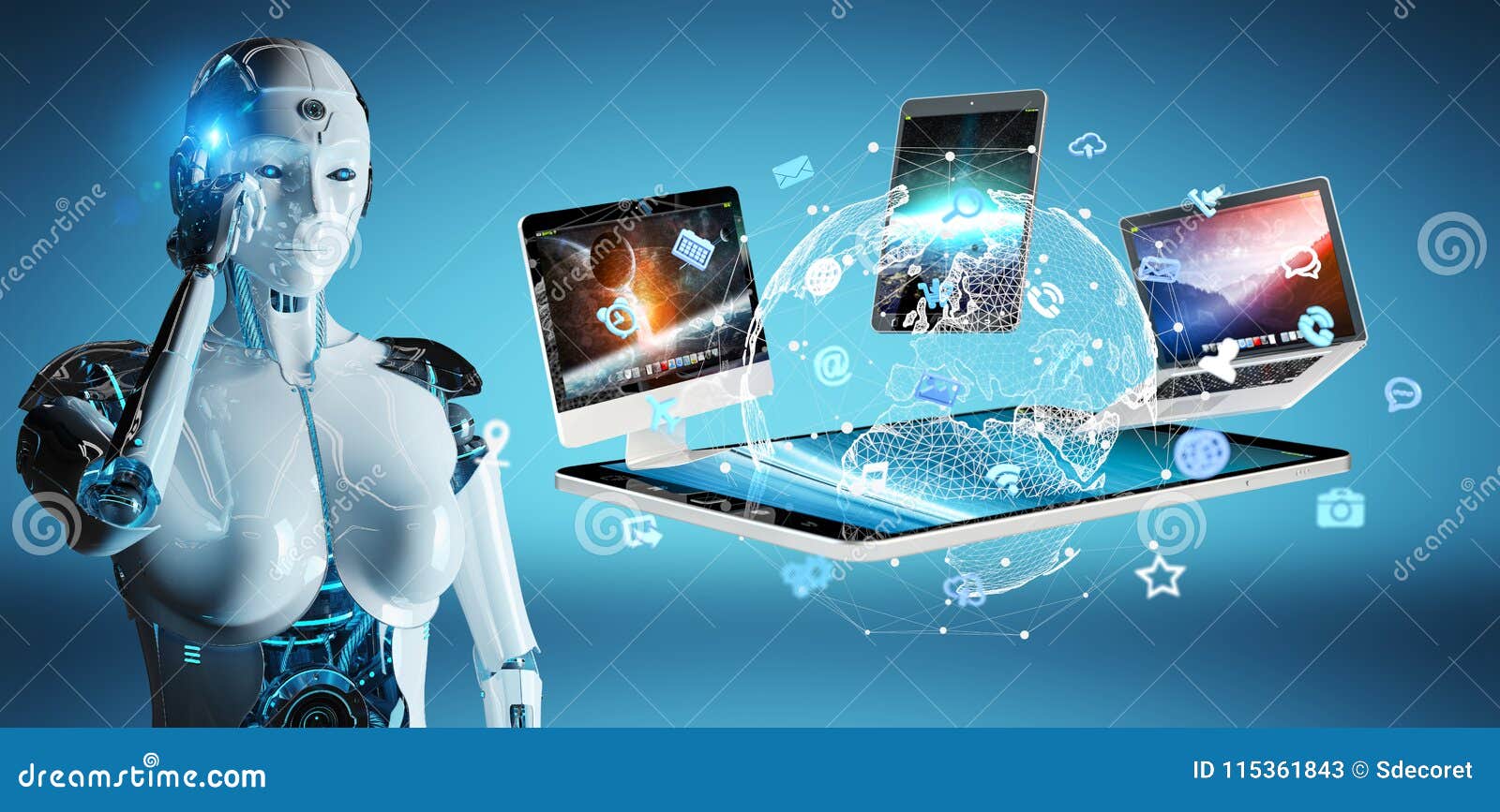 White Cyborg Connecting Devices Together 3D Rendering Stock ...