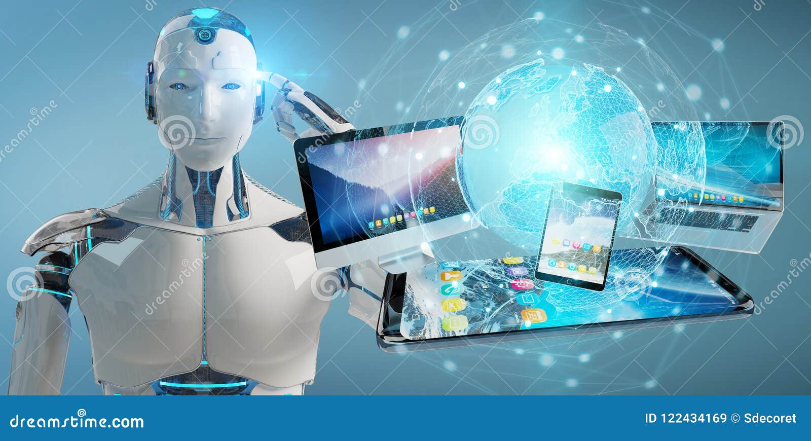 White Cyborg Connecting Devices Together 3D Rendering Stock ...