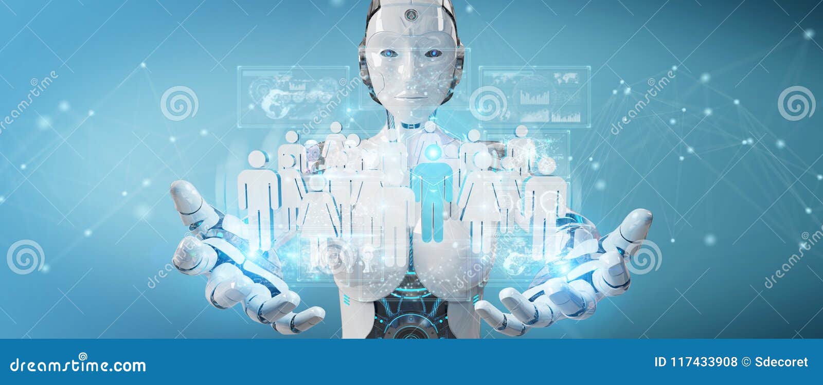 White Cyborg Controlling Group of People 3D Rendering Stock ...