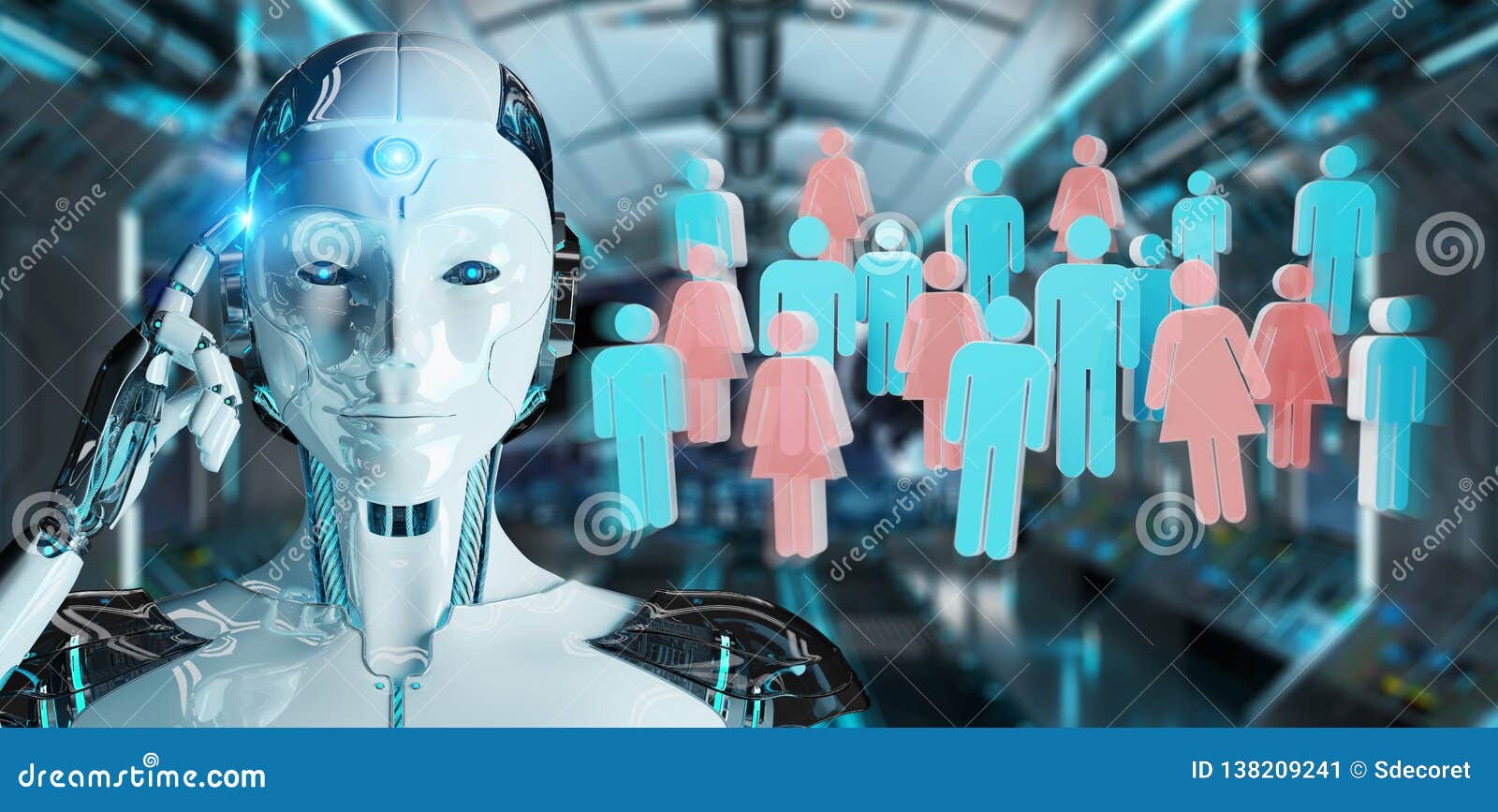 White Cyborg Controlling Group of People 3D Rendering Stock ...
