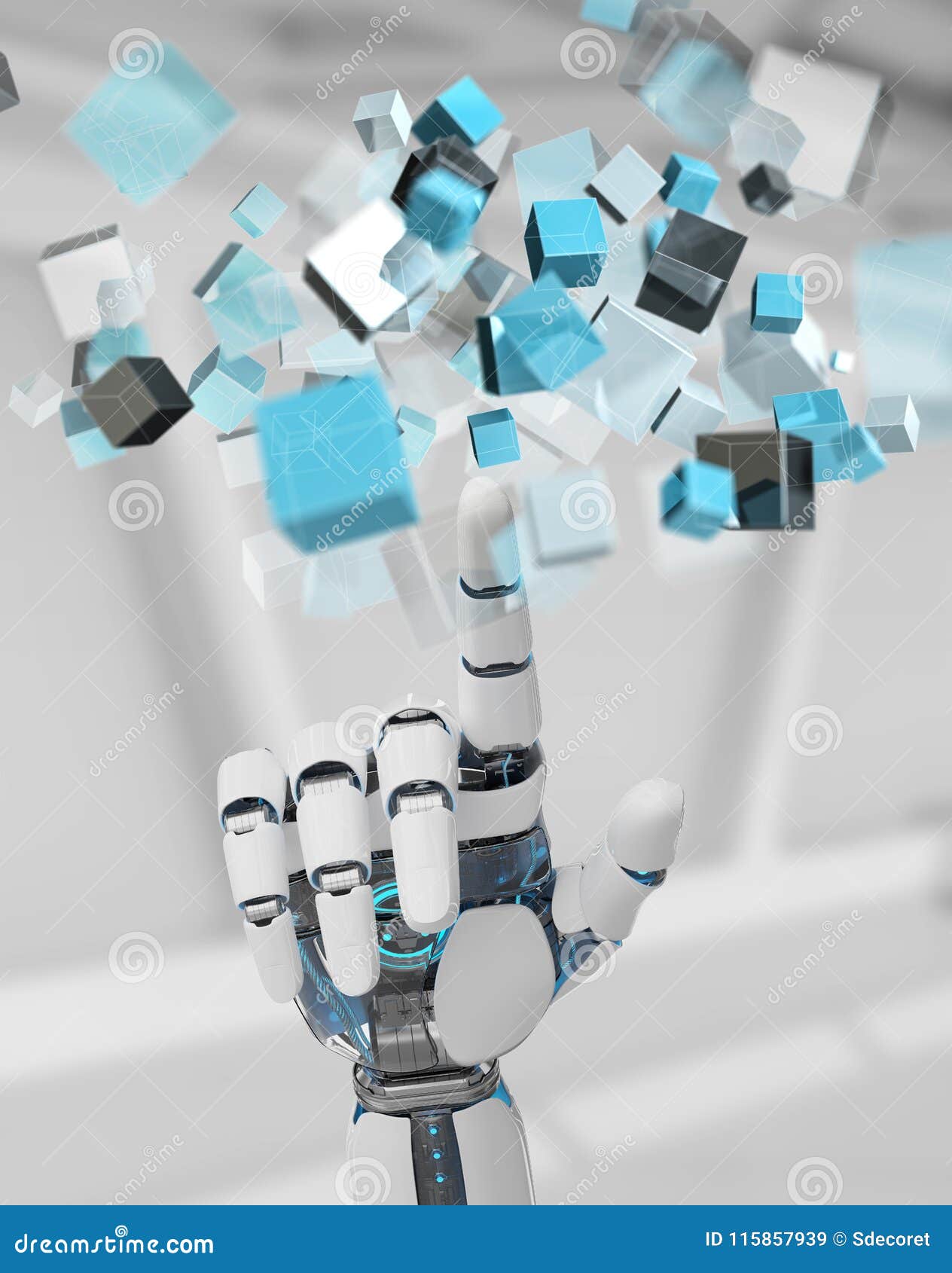 White Cyborg Hand Using Blue Digital Cube Structure 3D Rendering Stock ...