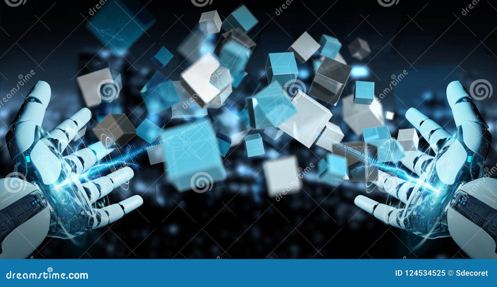 White Cyborg Hand Using Blue Digital Cube Structure 3D Rendering Stock ...