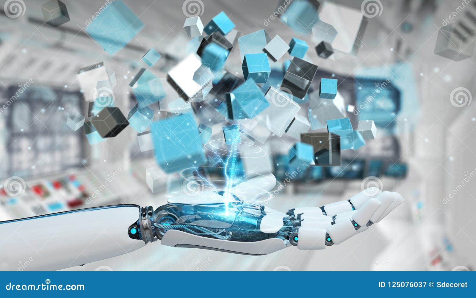 White Cyborg Hand Using Blue Digital Cube Structure 3D Rendering Stock ...