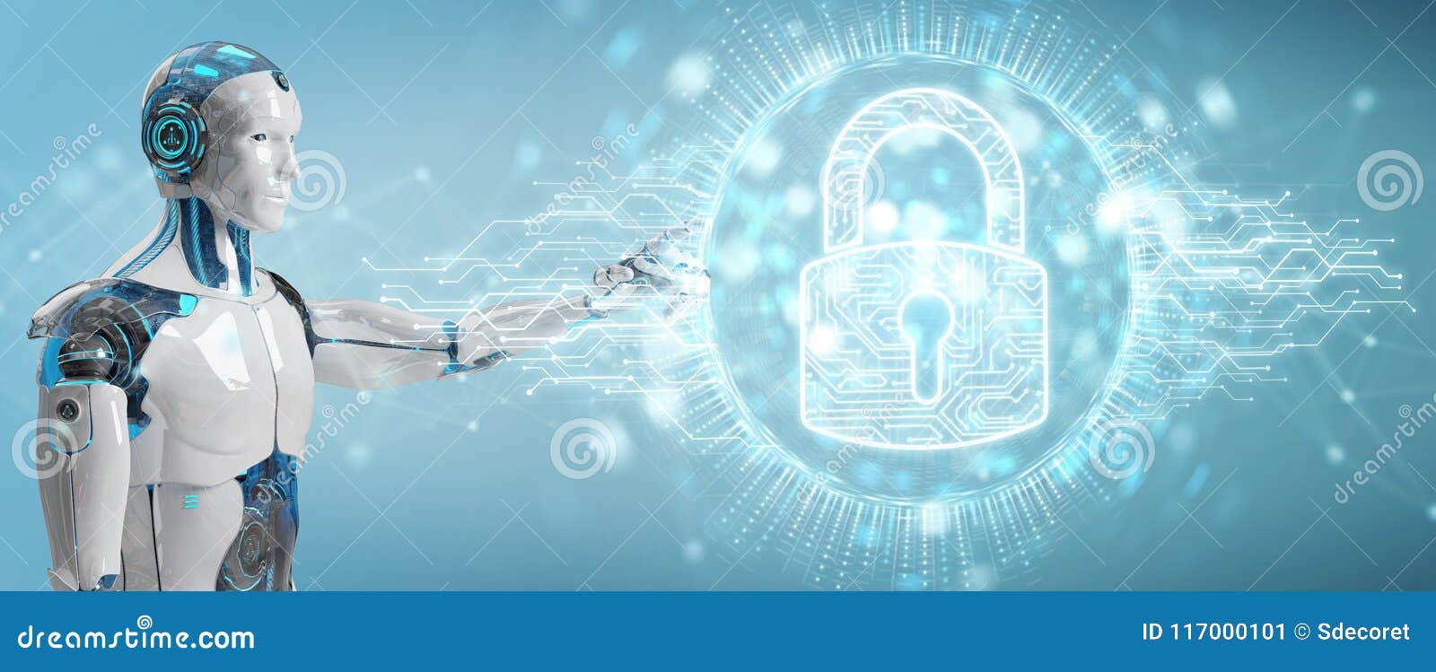 White Cyborg Protecting His Datas with Digital Security Hologram Stock ...