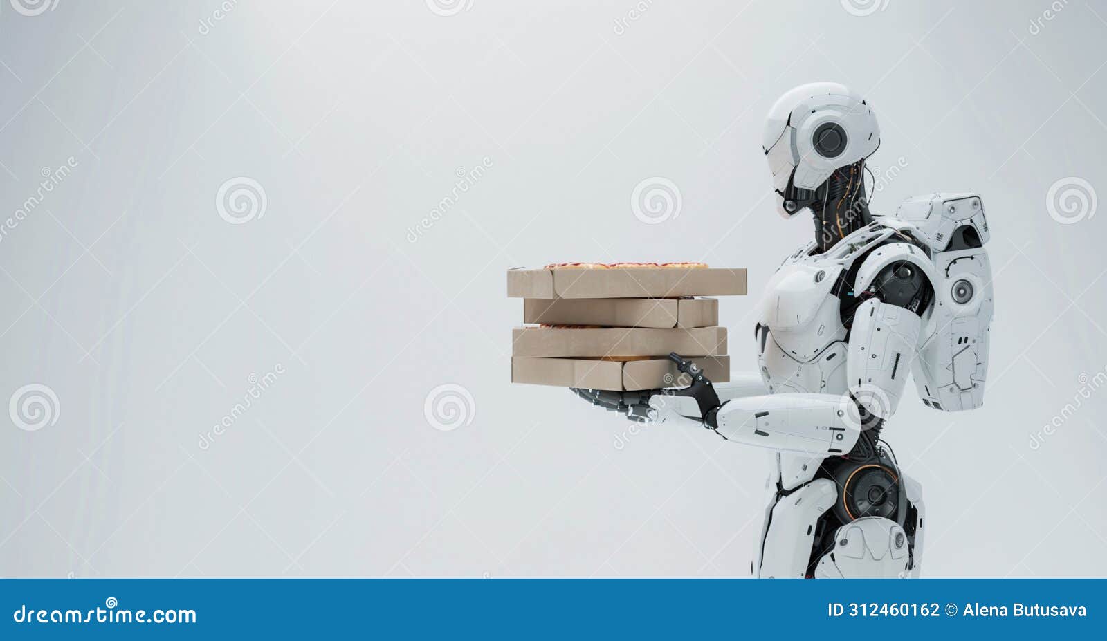A White Cyborg Robot Is Holding Several Pizza Boxes And Backpack On ...
