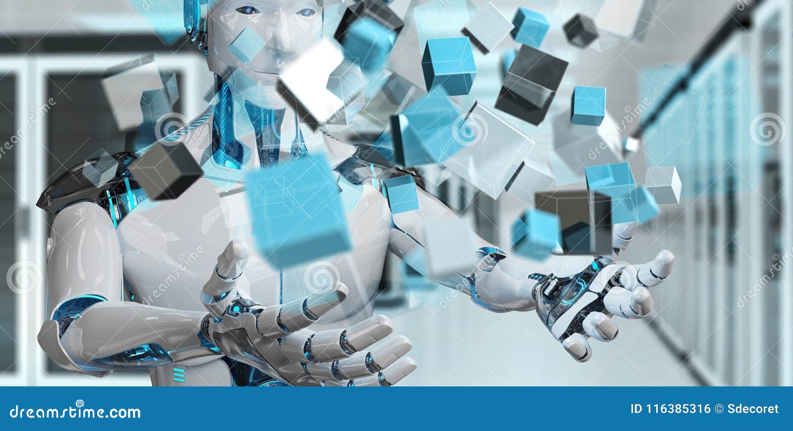 White Cyborg Using Blue Digital Cube Structure 3D Rendering Royalty ...