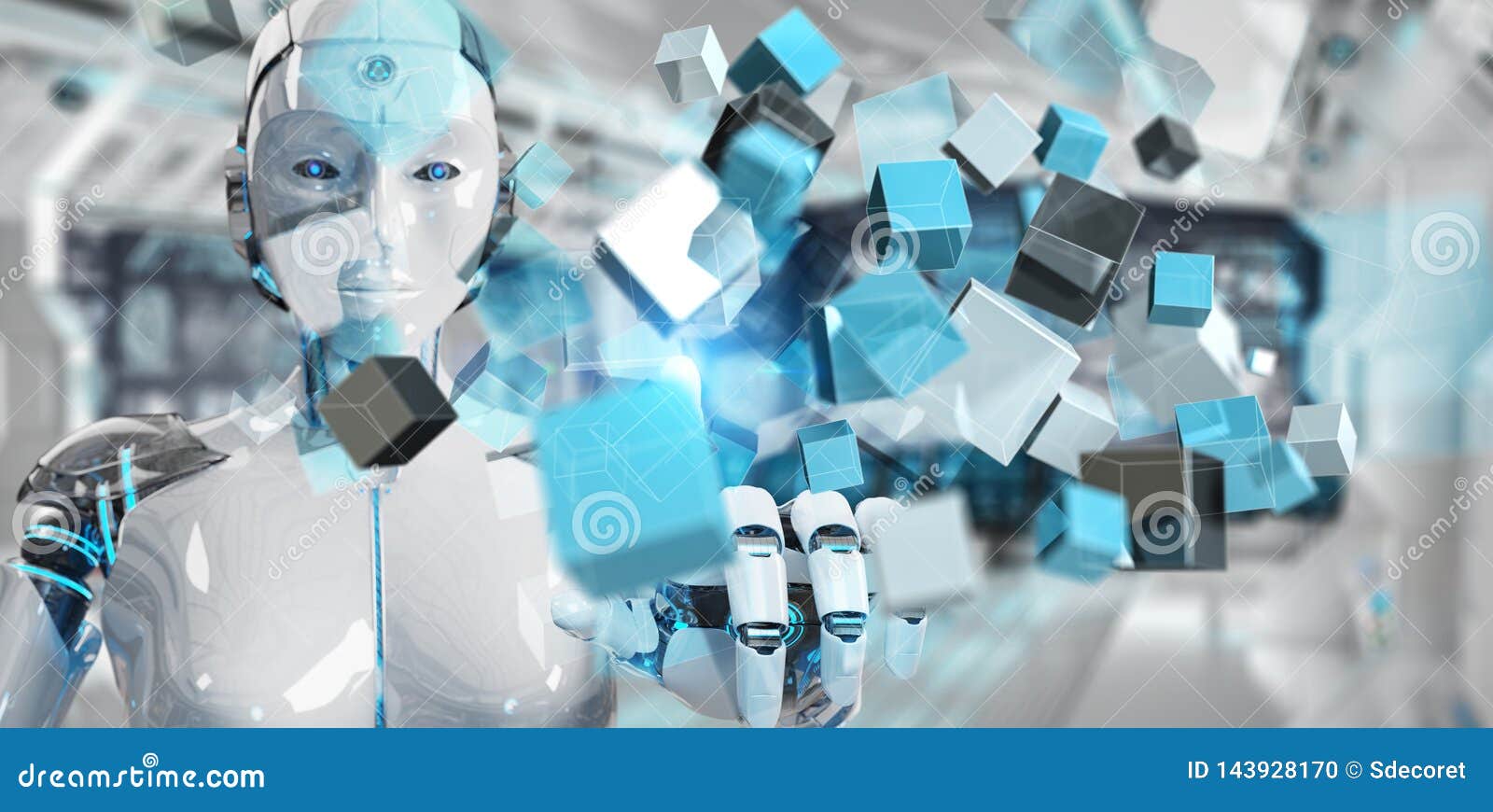 White Cyborg Using Blue Digital Cube Structure 3D Rendering Stock ...