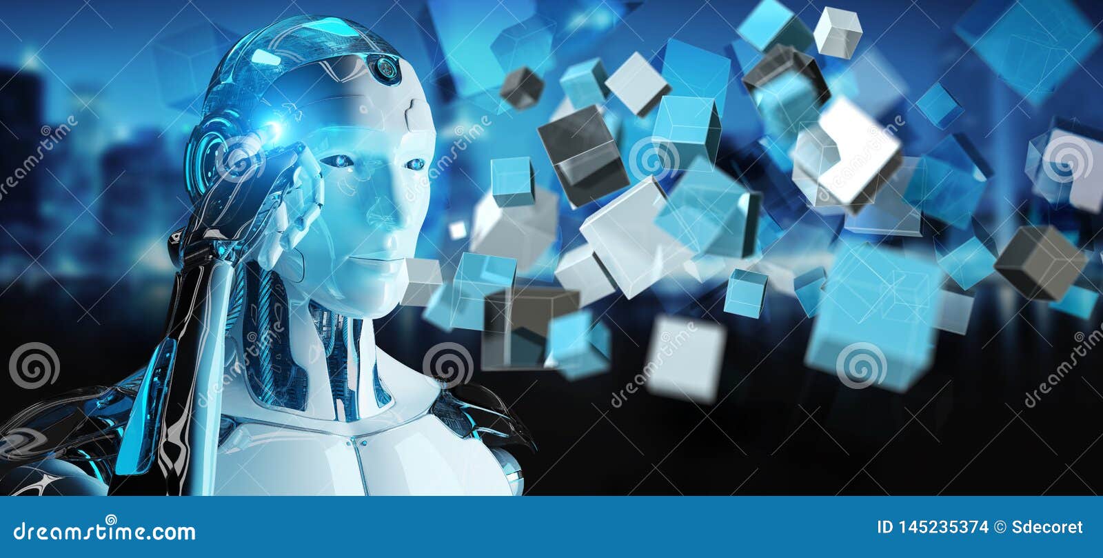 White Cyborg Using Blue Digital Cube Structure 3D Rendering Stock ...